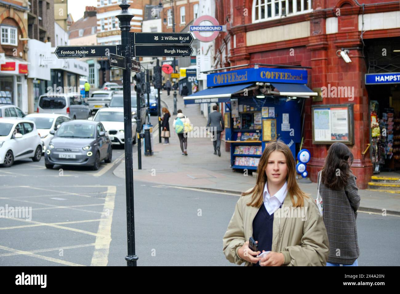 LONDON- APRIL 22, 2024: Hampstead Village high street scene- an ...