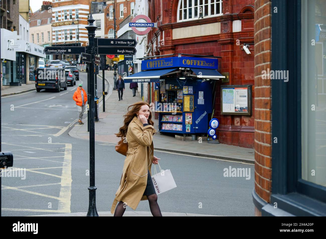 LONDON- APRIL 22, 2024: Hampstead Village high street scene- an ...