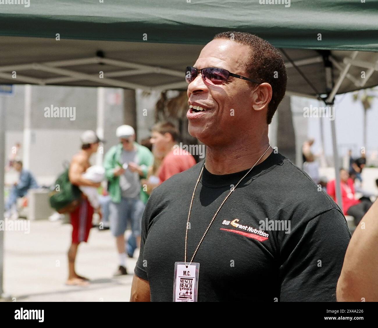 December 31, 1969, Venice, California, USA: Bill Grant emcee at Muscle ...