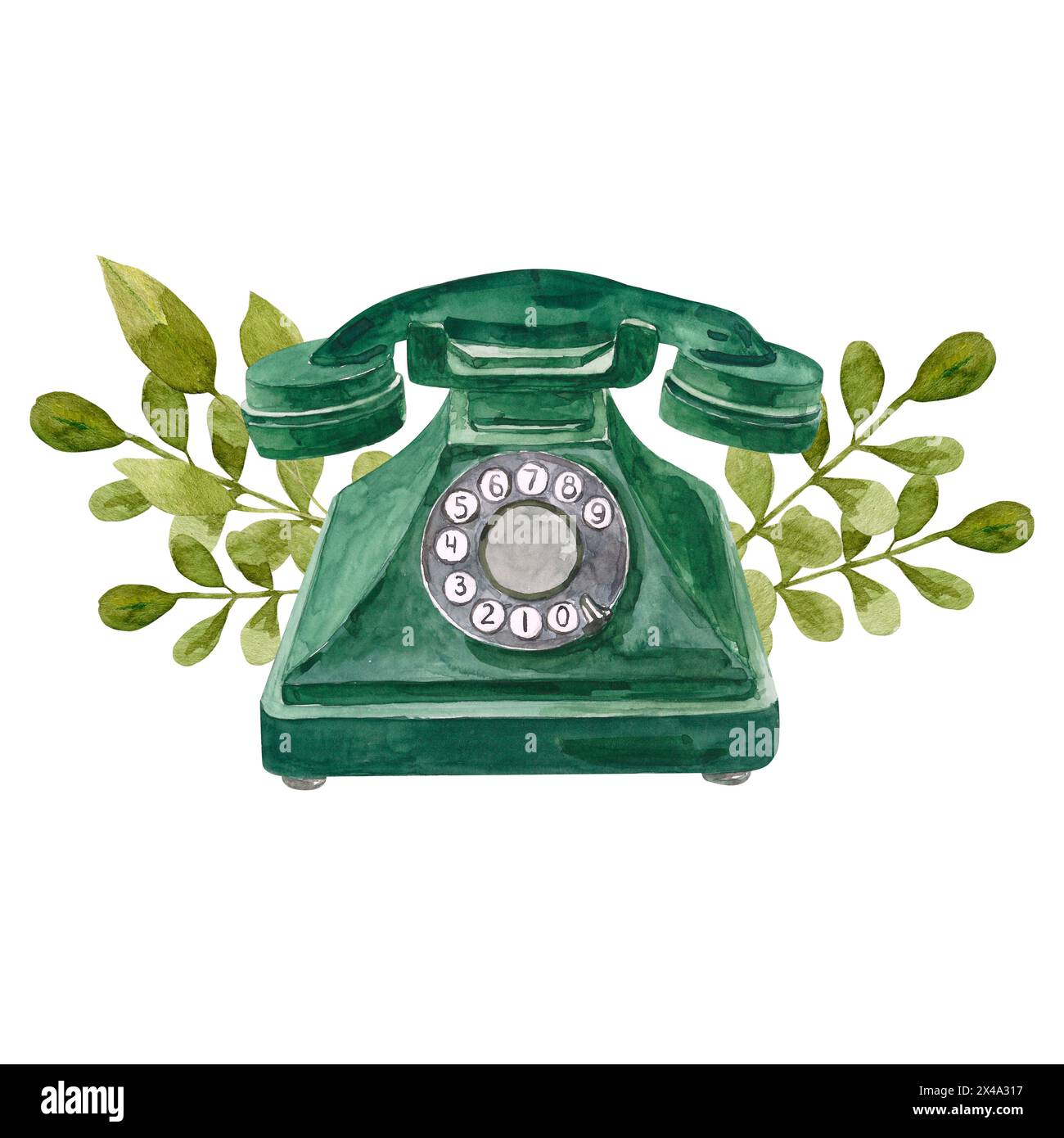 Watercolor composition of a retro telephone with a wire and decorative ...