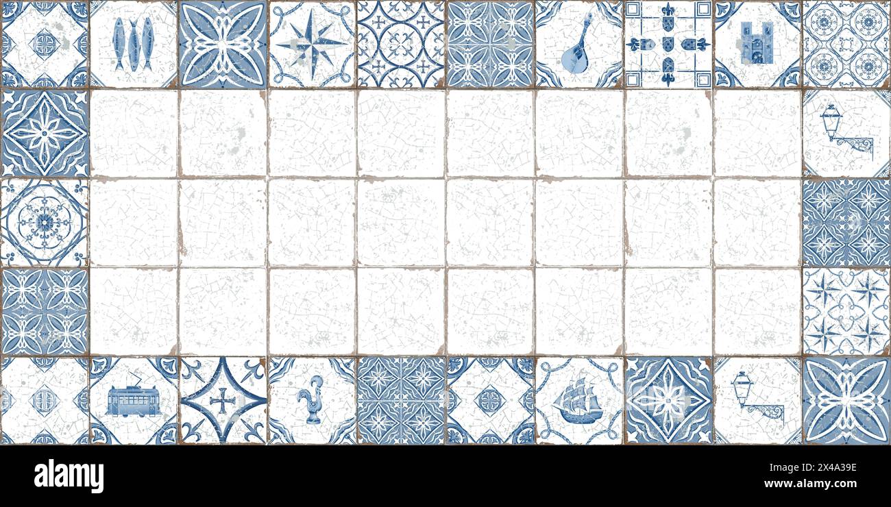 Mediterranean style ceramic tiles with cracked and scuffed seams with ...