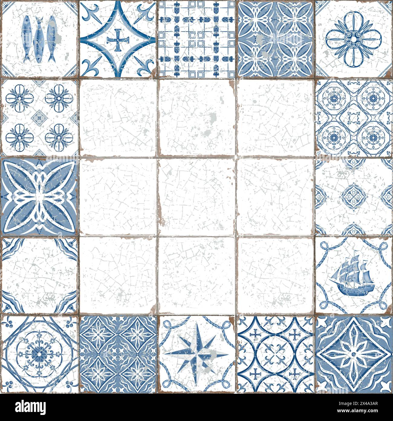 Mediterranean style ceramic tiles with cracked and scuffed seams with ...