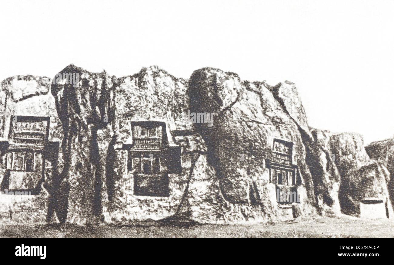 Tombs of the kings of the Achaemenid dynasty carved into the rocks. The ...