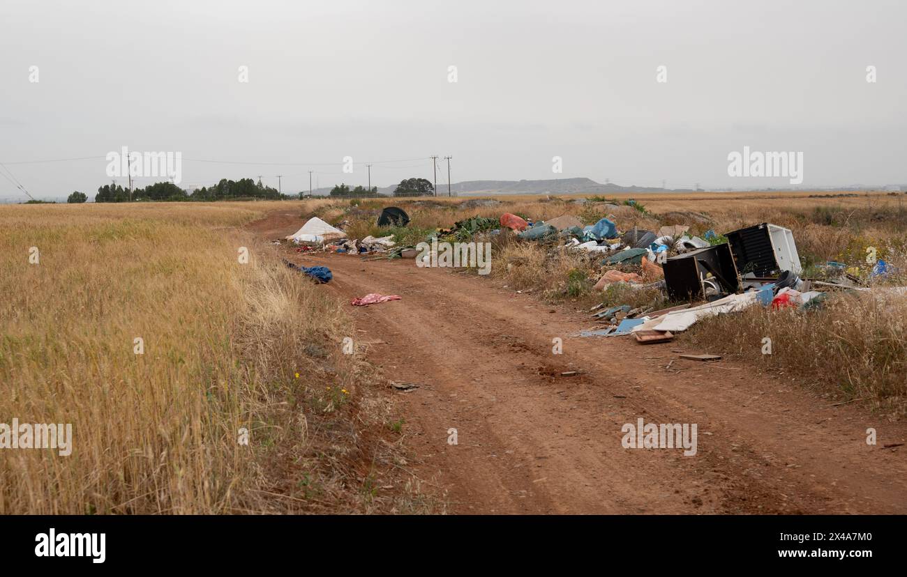 Garbage in meadow. rubbish, trash left outdoor. Dirty environment ...