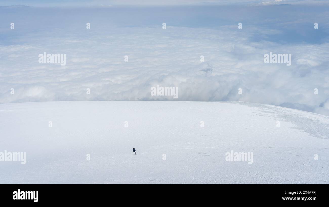 Solo mountaineer walking big glacier field above the clouds, Mount ...