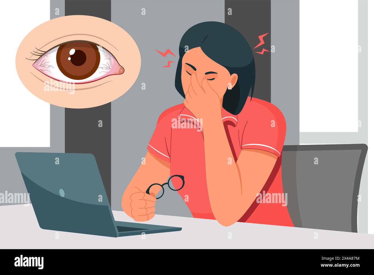 Digital Eye Strain, Person sitting on worktable with eye strain - Stock ...
