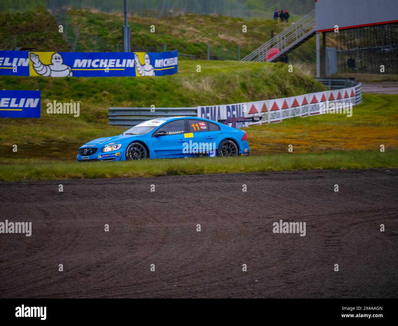 Blue Volvo v60 race car on the Anderstorp race way in Småland, southern ...