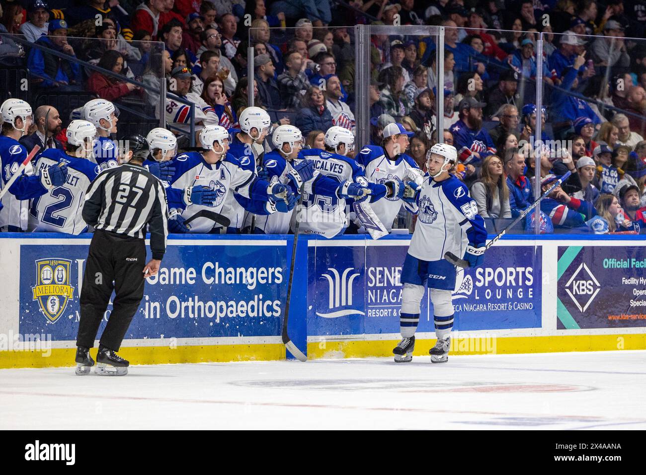 April 26th, 2024: Syracuse Crunch forward Dylan Duke (56) celebrates a ...