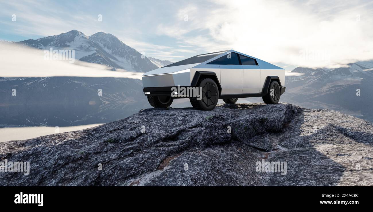 Tesla Cybertruck on a Rocky Mountain Top. Aerial landscape in ...