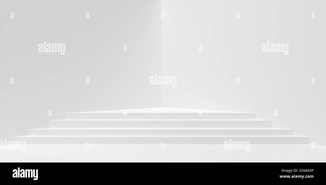Empty, blank triangle dais or platform steps in white room background ...