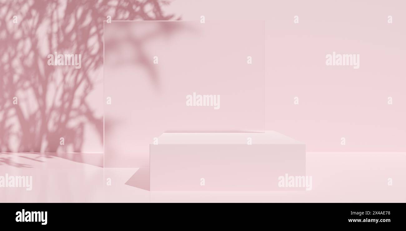 Empty, blank, square podium or dais in pink room background with tree ...