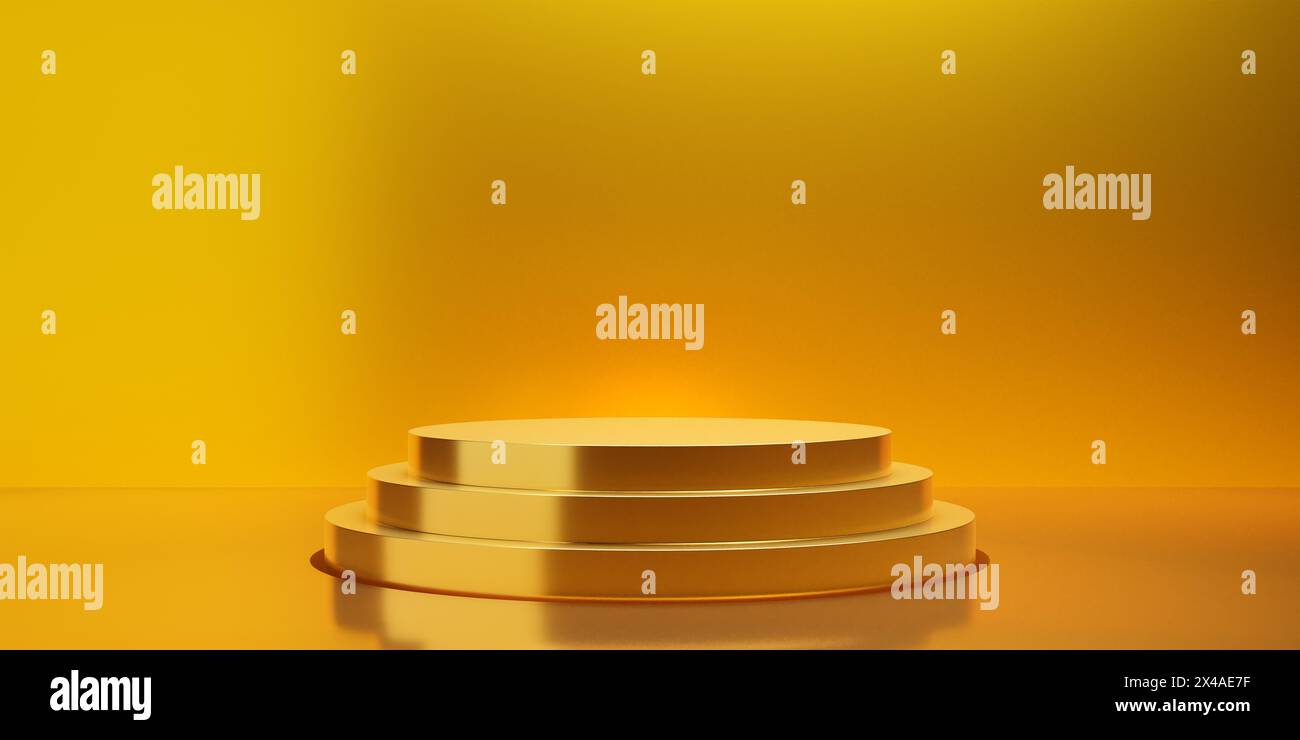 Empty, blank round dais or platform in gold room background, minimal ...