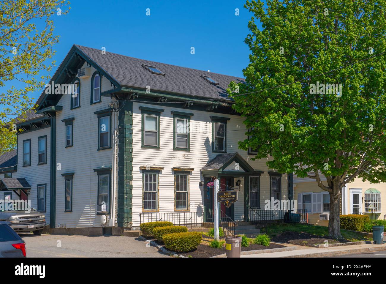 Historic commercial buildings on Main Street in historic town center of ...