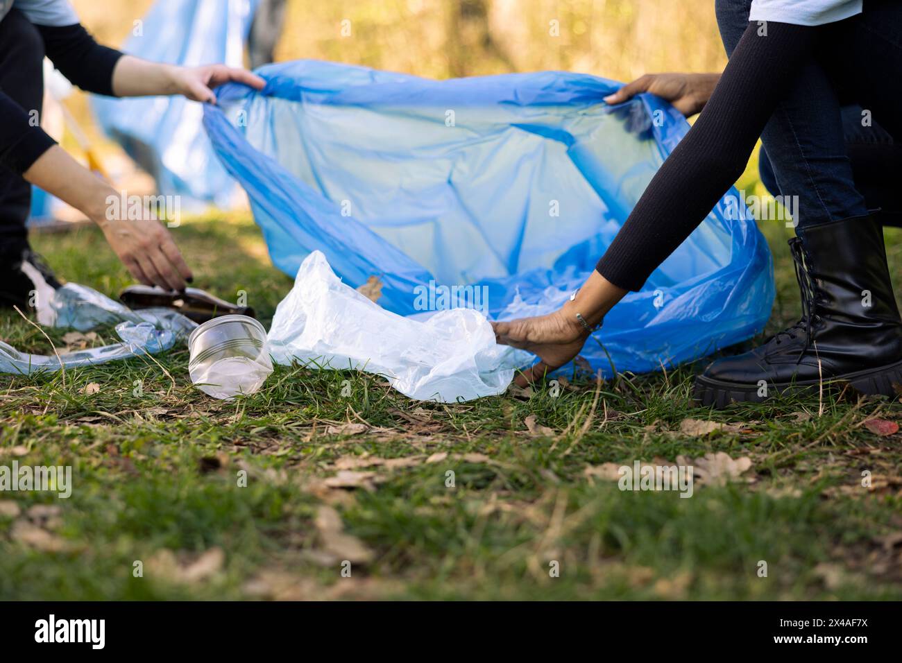 Women volunteers cleaning the forest by picking up trash in bags ...