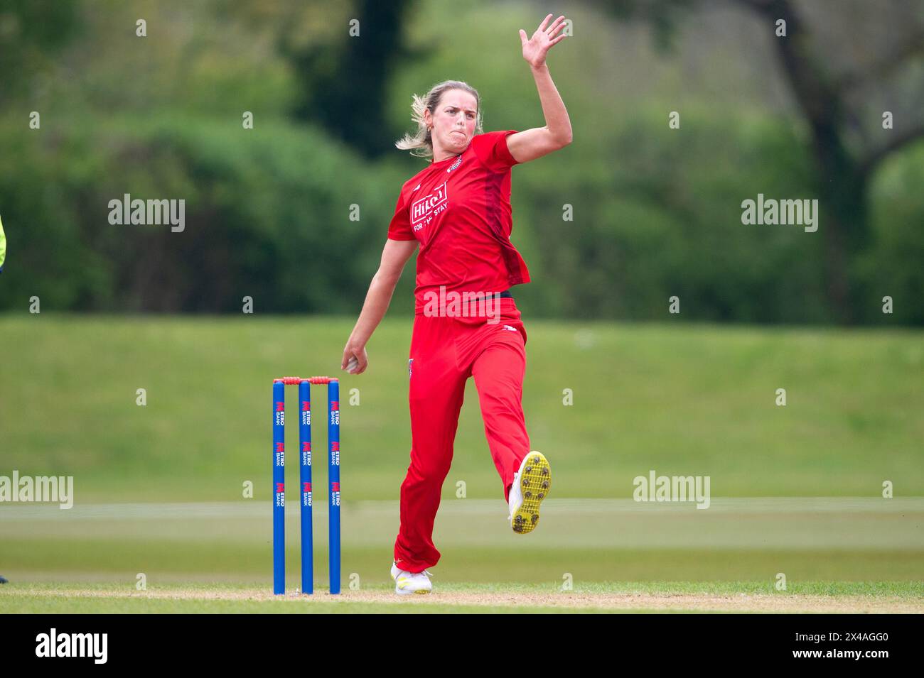Stokenchurch, UK, 1st May 2024. Phoebe Graham of Thunder bowling during ...