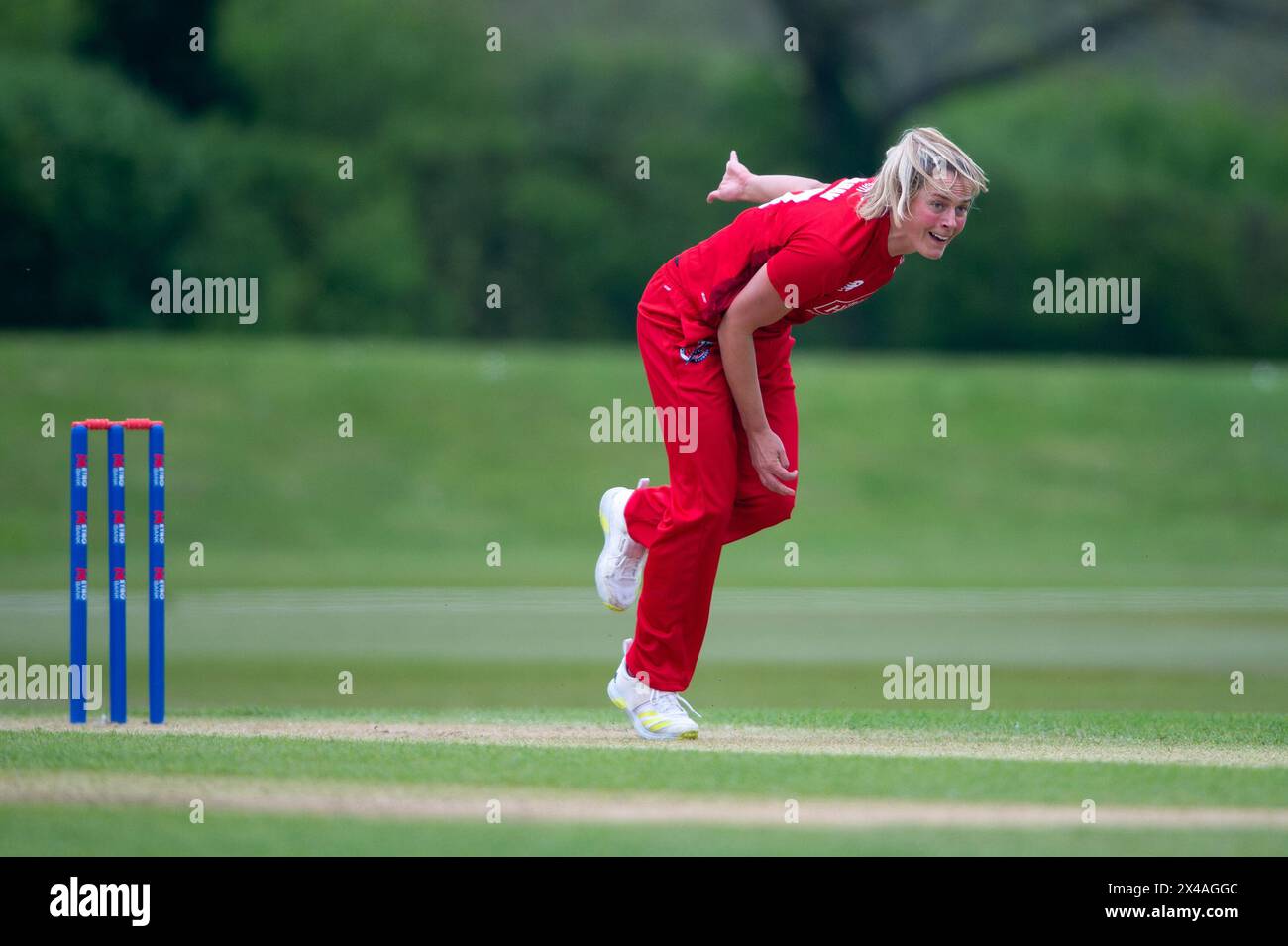 Stokenchurch, UK, 1st May 2024. Phoebe Graham of Thunder bowling during ...