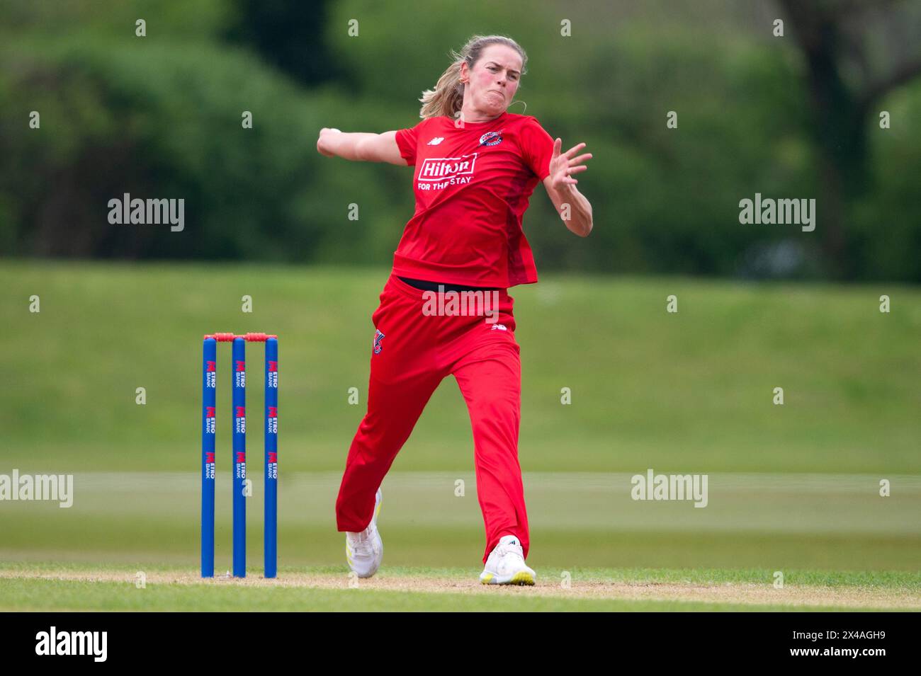 Stokenchurch, UK, 1st May 2024. Phoebe Graham of Thunder bowling during ...