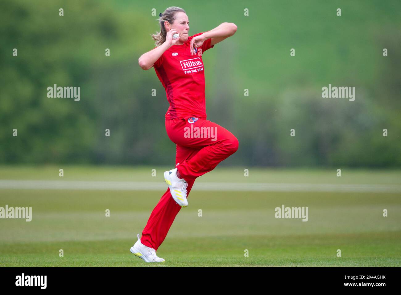 Stokenchurch, UK, 1st May 2024. Phoebe Graham of Thunder bowling during ...