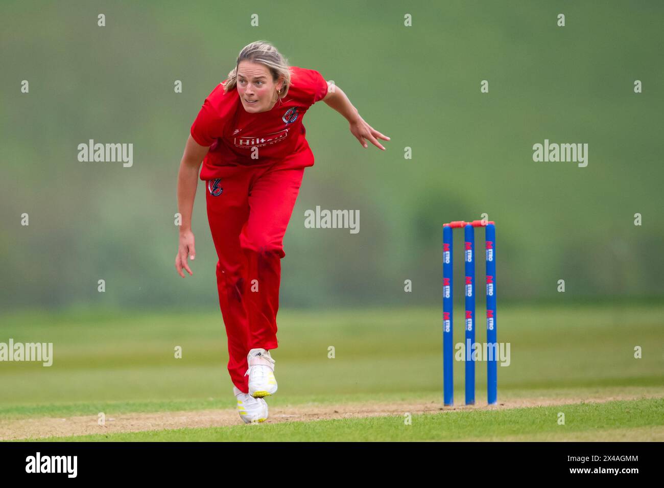 Stokenchurch, UK, 1st May 2024. Phoebe Graham of Thunder bowling during ...