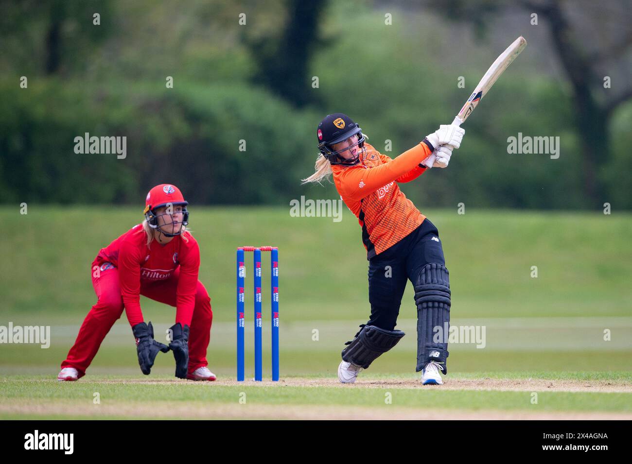 Stokenchurch, UK, 1st May 2024. Alice Monaghan of Southern Vipers hits ...
