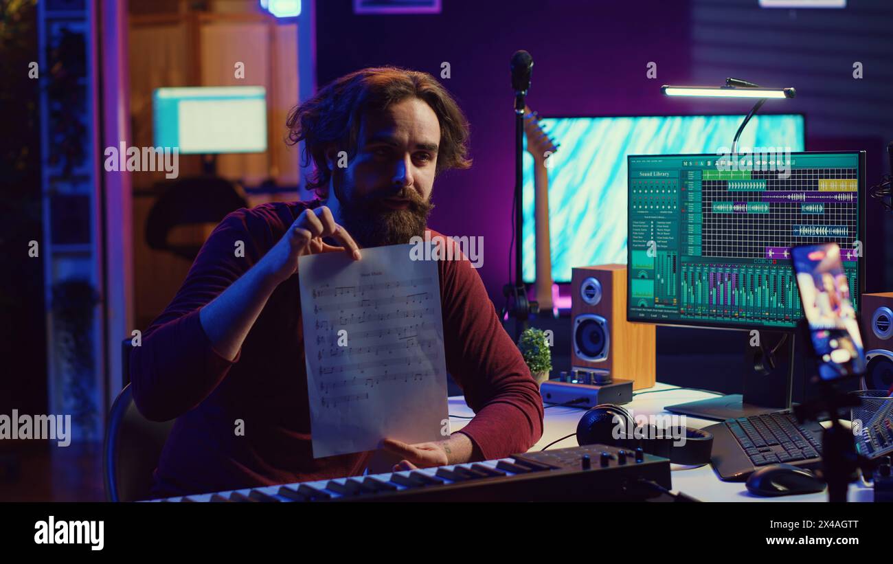 Guitar teacher recording online music lesson on smartphone, showing ...