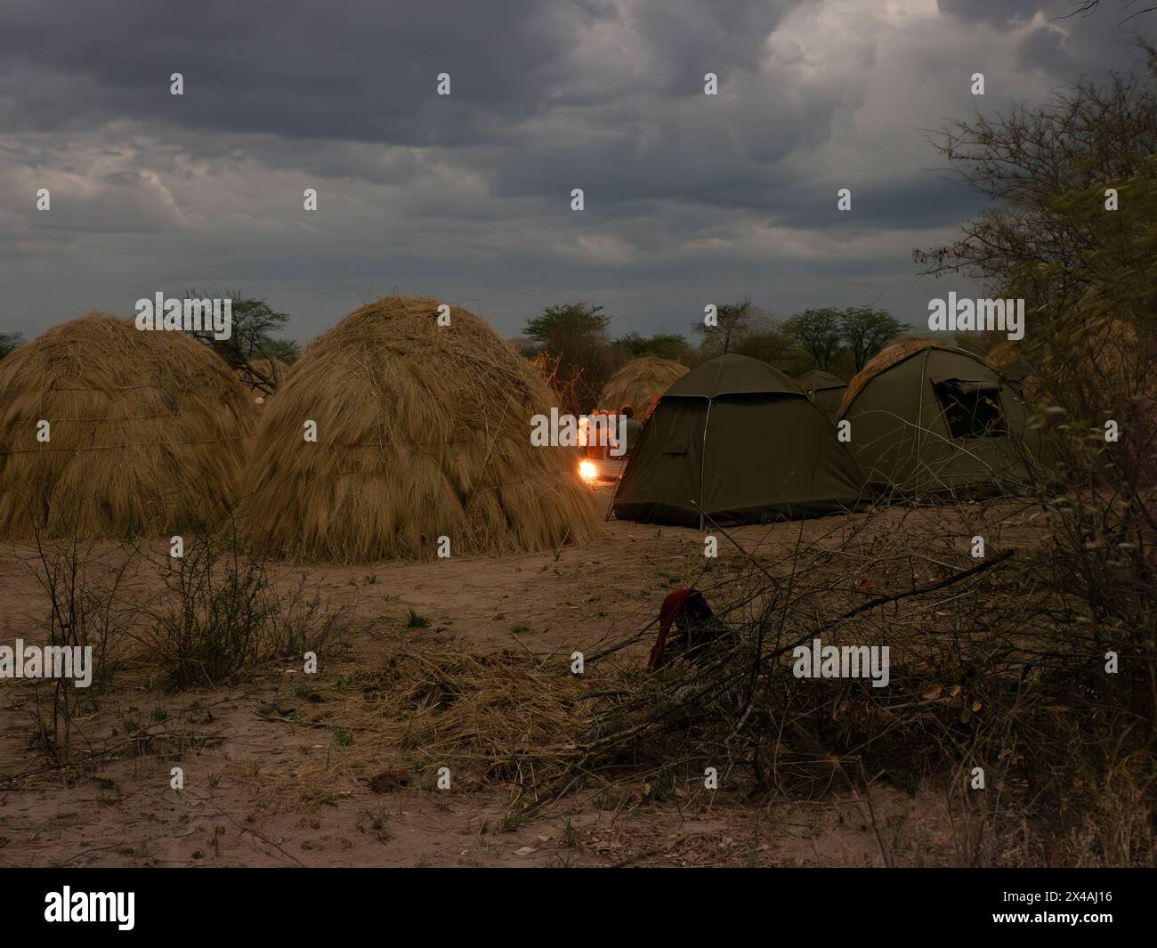 Tents and San hunter's huts encampment in the Kalahari, Namibia Stock ...