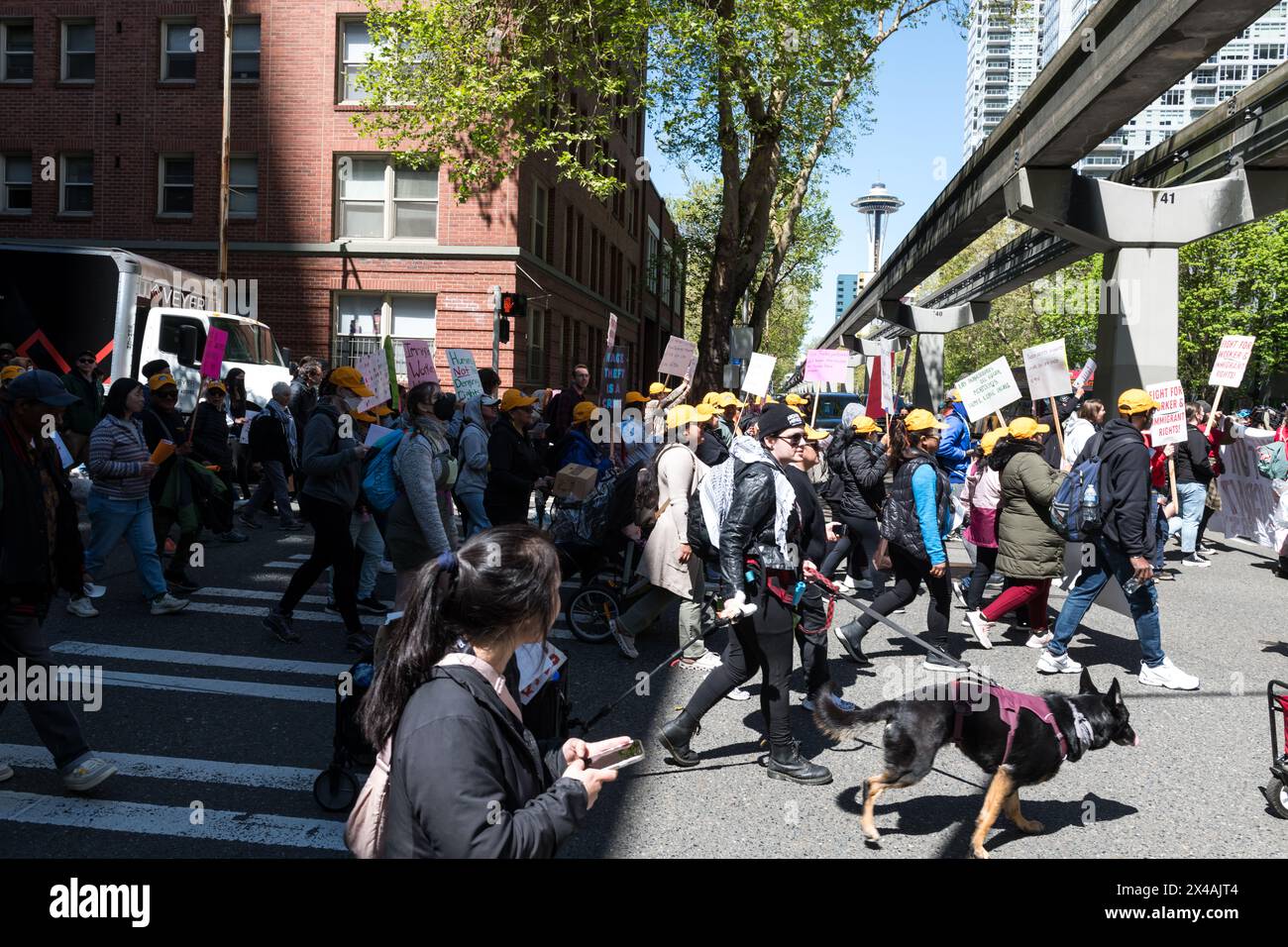 Seattle, USA. 1st May 2024. Protestors in the Seattle May Day March ...