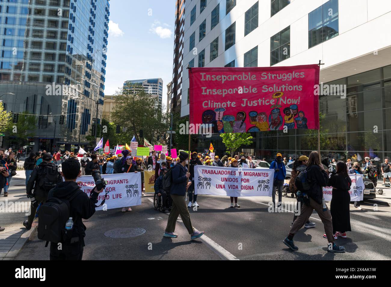 Seattle, USA. 1st May 2024. Protestors in the Seattle May Day March ...