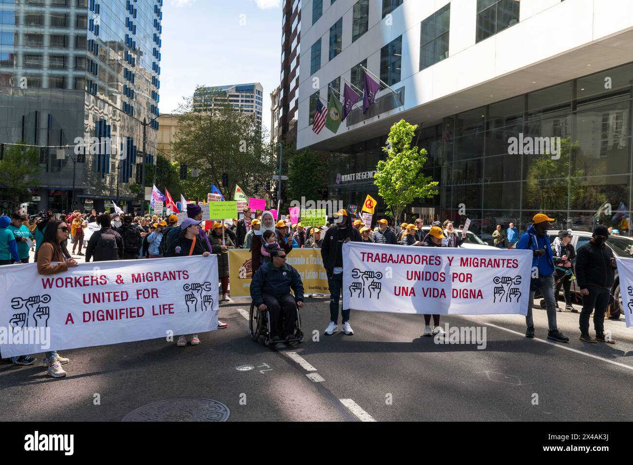 Seattle, USA. 1st May 2024. Protestors in the Seattle May Day March ...