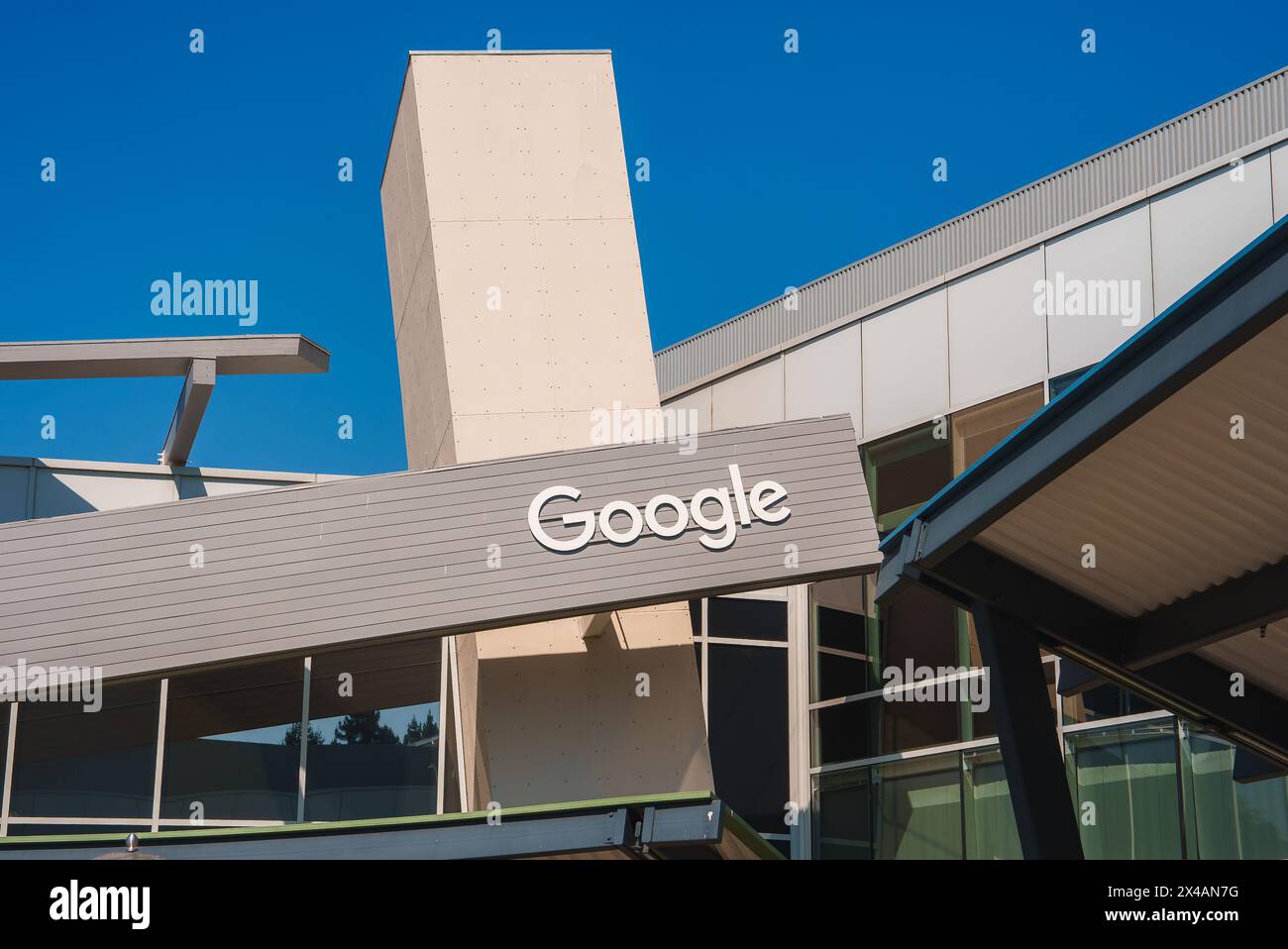 Modern building with prominently displayed Google logo, contemporary ...