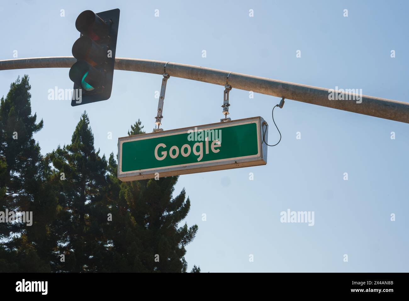 Google Street Sign, Traffic Light, Pine Tree Top Above Shot Stock Photo ...