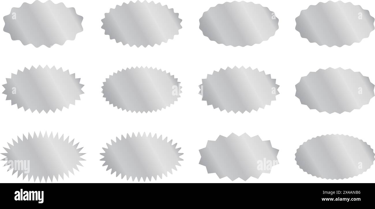 Set of silver oval stickers with wavy and zigzag borders. Shining ...