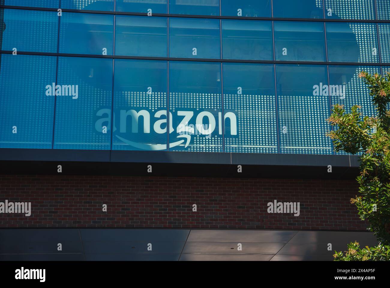 Modern building facade with Amazon logo window in urban setting Stock ...