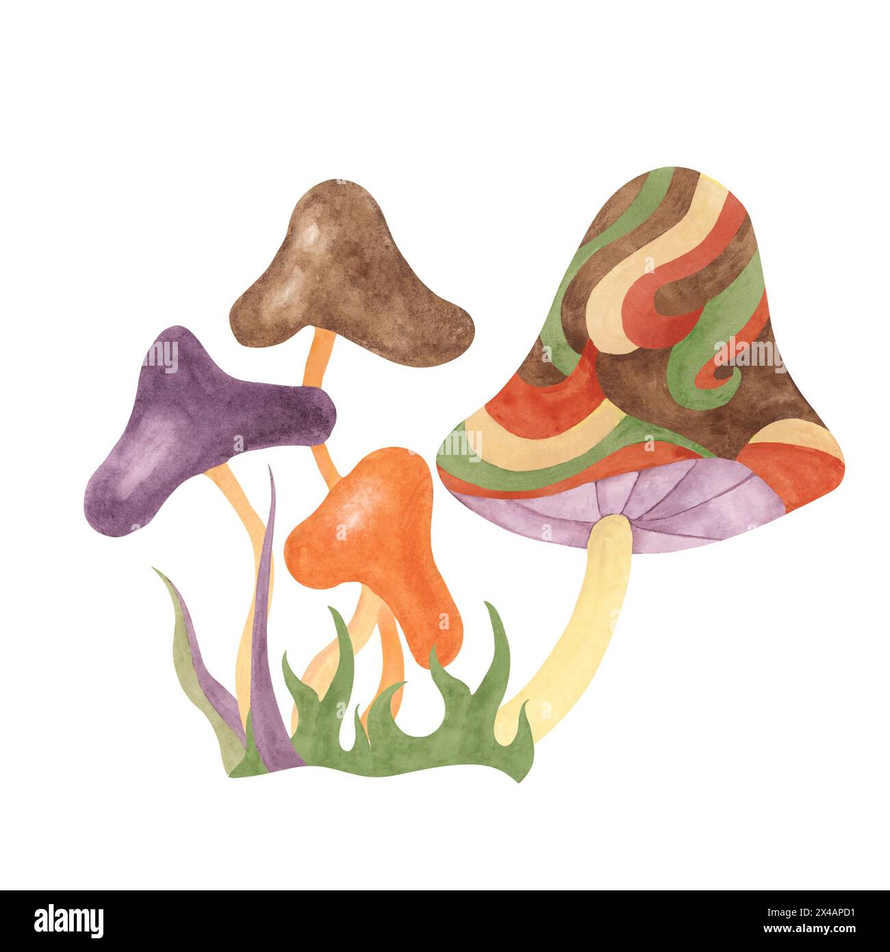 Retro hippie mushroom and grass in 70s style. Hippie psychedelic groovy ...