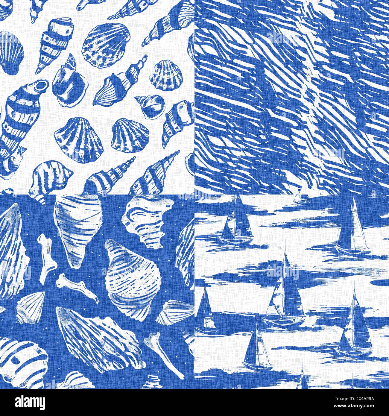 Coastal summer patchwork sail boat in azure ocean blue seamless ...