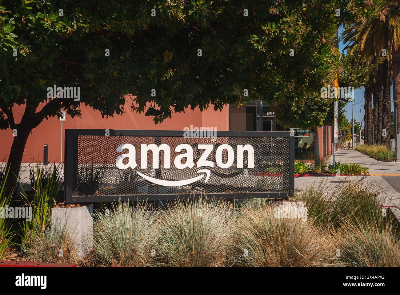 Corporate setting with Amazon logo, lush greenery, and modern building ...
