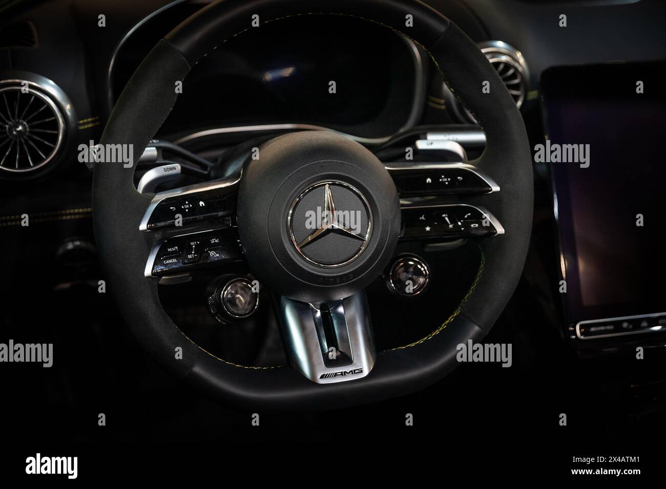 Picture of a steering wheel with the logo of Mercedes Benz AMG in a ...