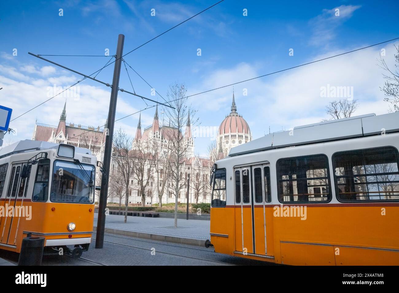 Picture of Budapest trams ready for departure on a tram stop in front ...
