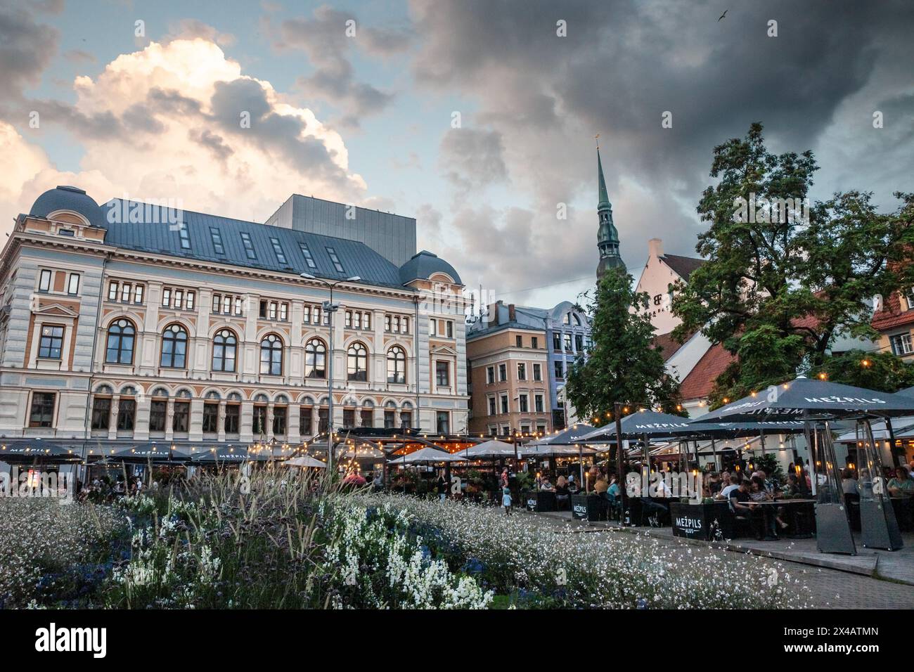 Picture of the square of Livu laukums at dusk in Riga, latvia. Līvu laukums, also known as Livu ...