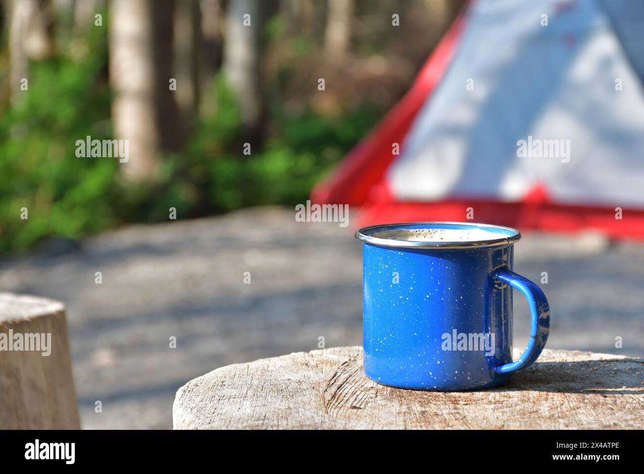 Good morning scene. Hot coffee in a blue cup on a wood log on a perfect ...