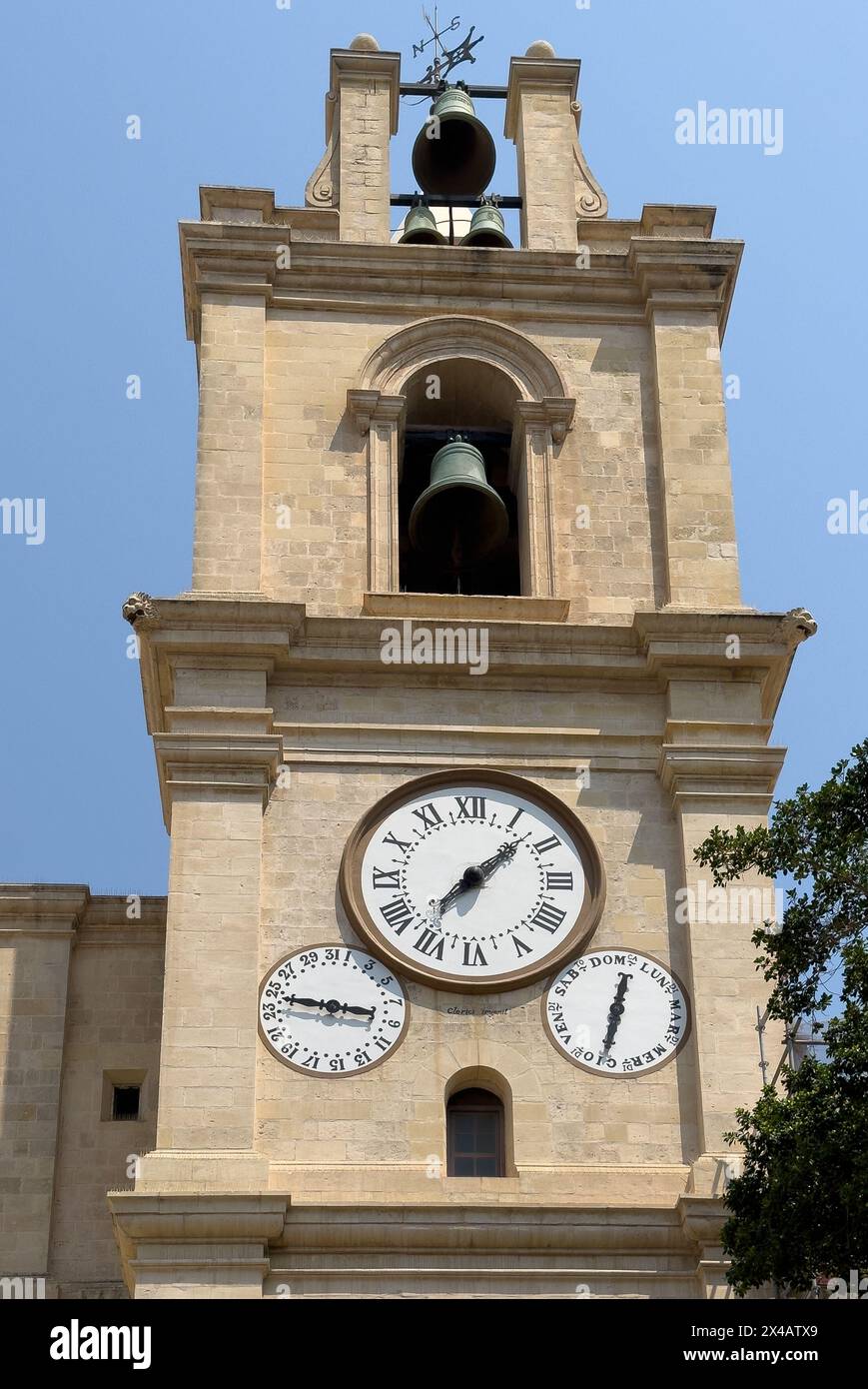 South bell tower of Cathedral in Valletta with a clock and mechanical ...