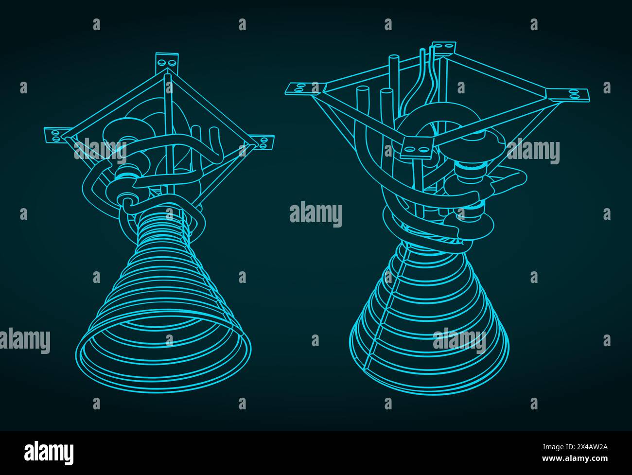 Stylized vector illustrations of blueprints of rocket engine Stock ...
