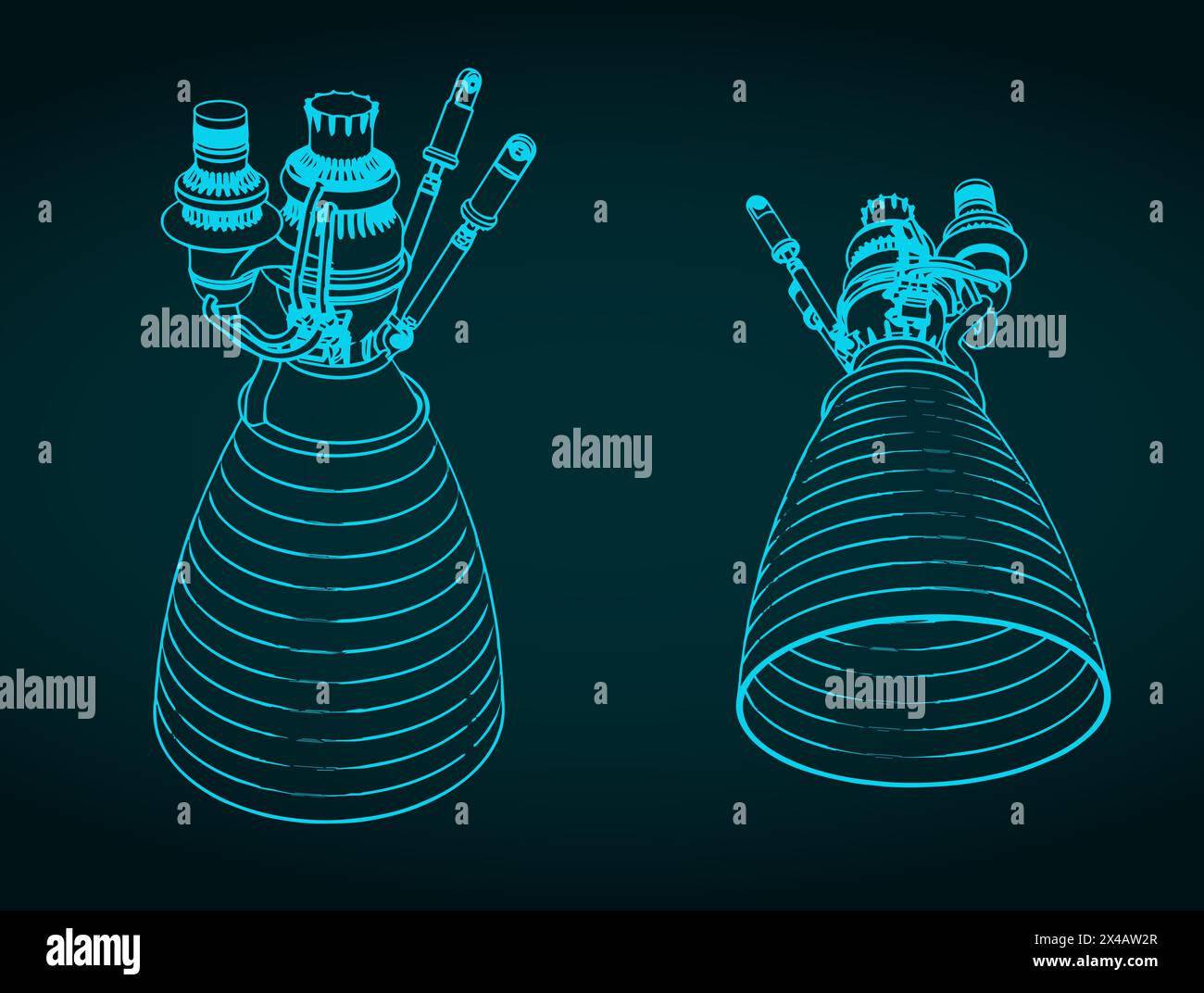 Stylized vector illustrations of blueprints of rocket engine Stock ...