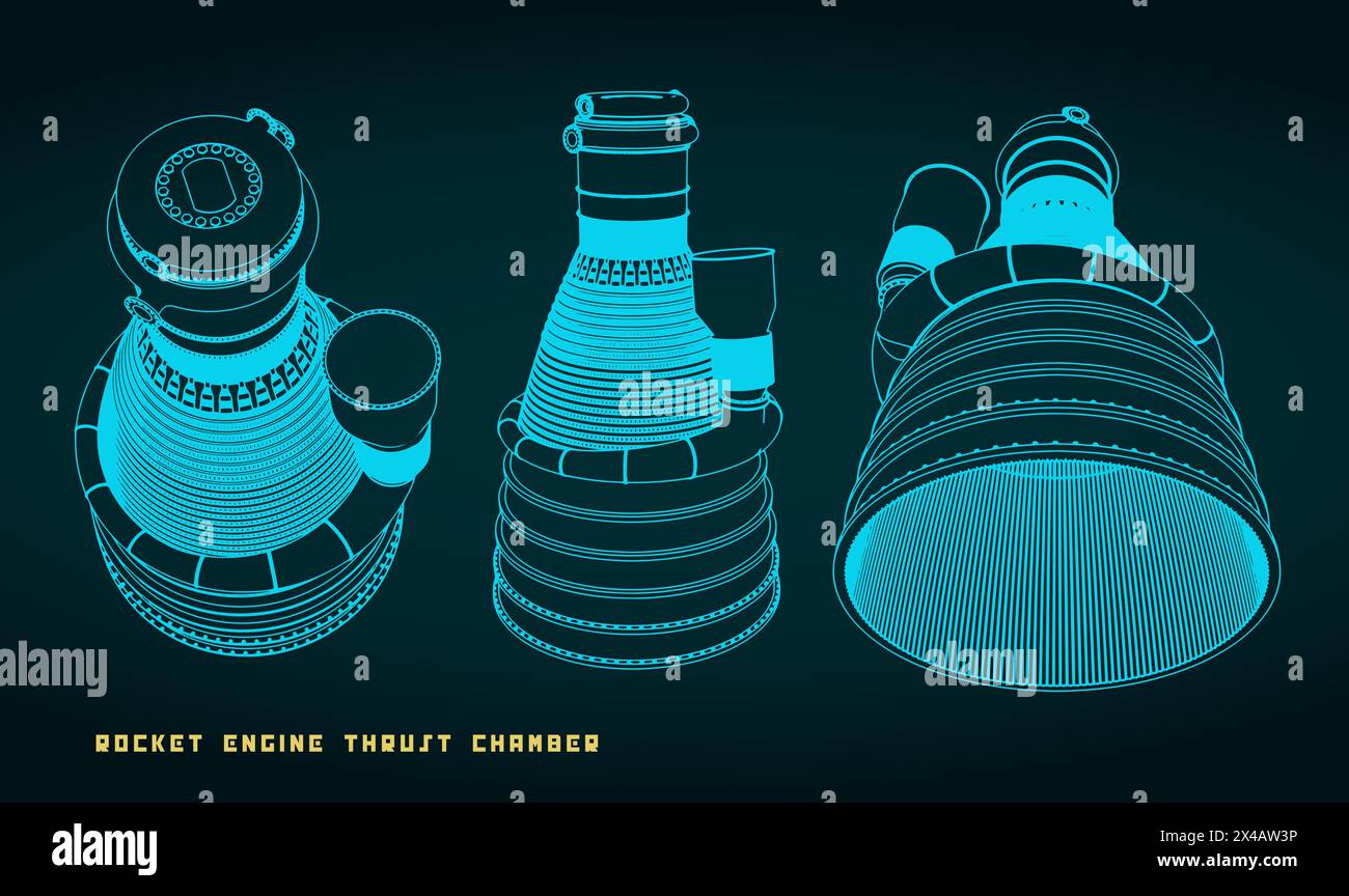 Stylized vector illustration of rocket engine thrust chamber drawings ...