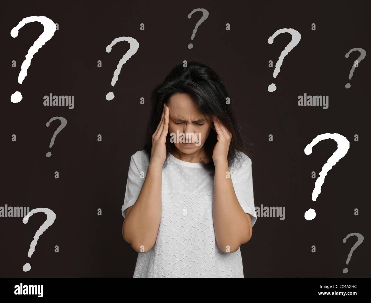 Amnesia Confused Woman And Question Marks On Brown Background Stock