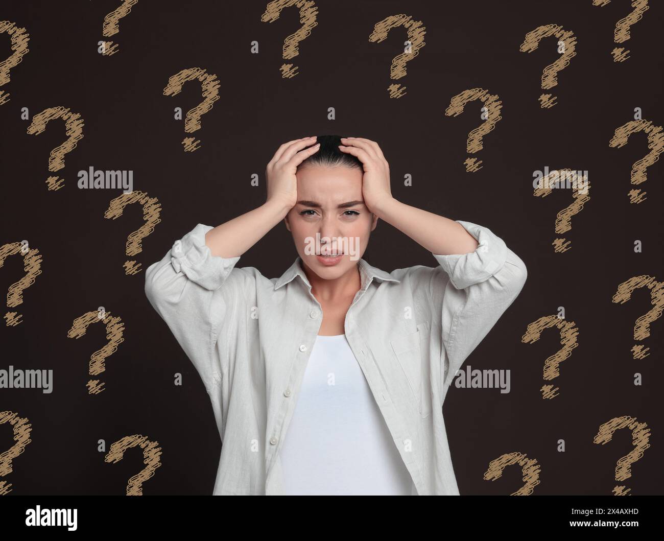 Amnesia Confused Young Woman And Question Marks On Brown Background