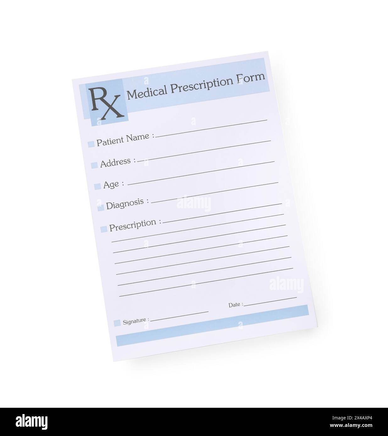 Medical prescription form isolated on white, top view Stock Photo - Alamy