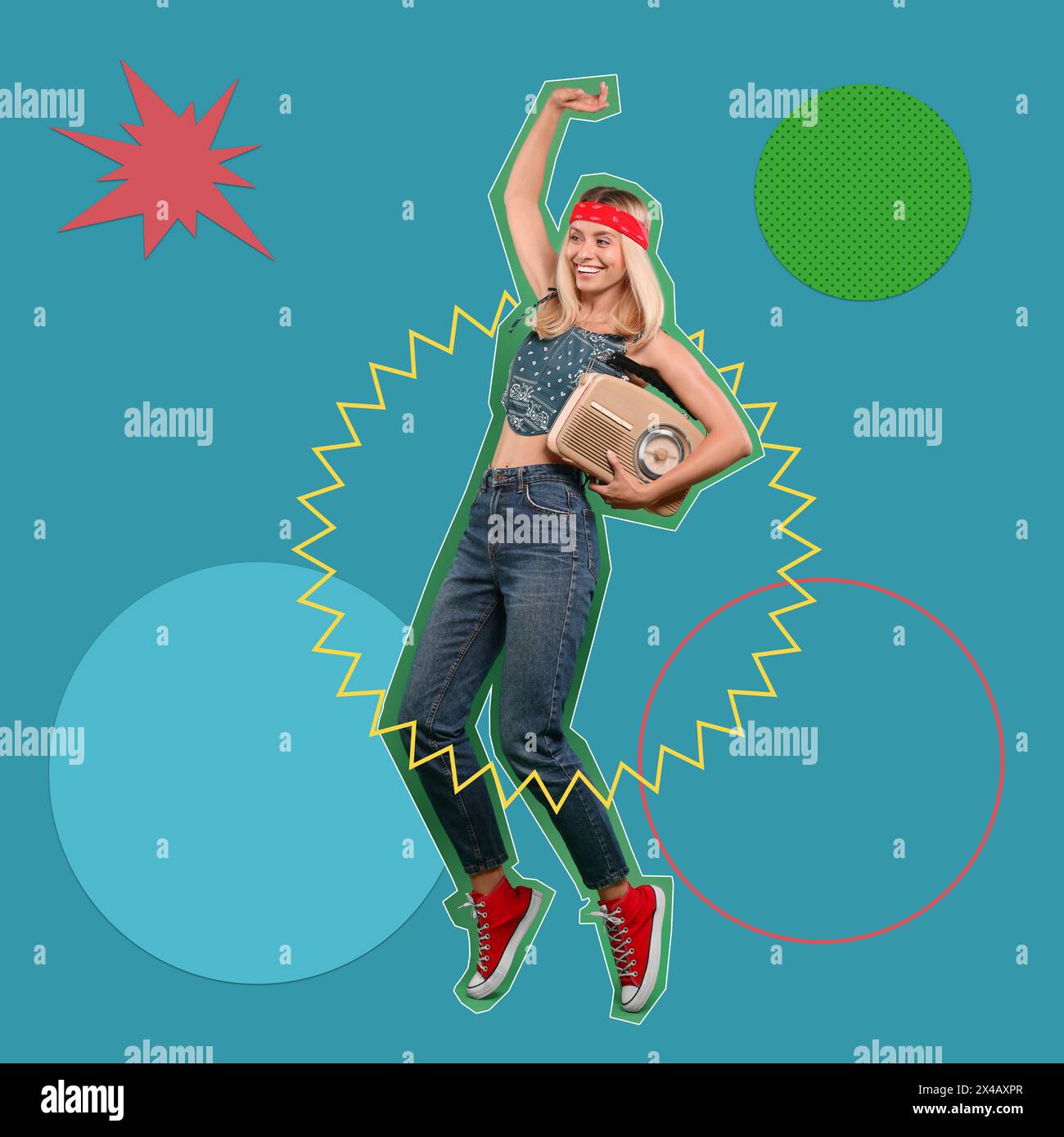Pop art poster. Happy hippie woman with retro radio receiver dancing on ...