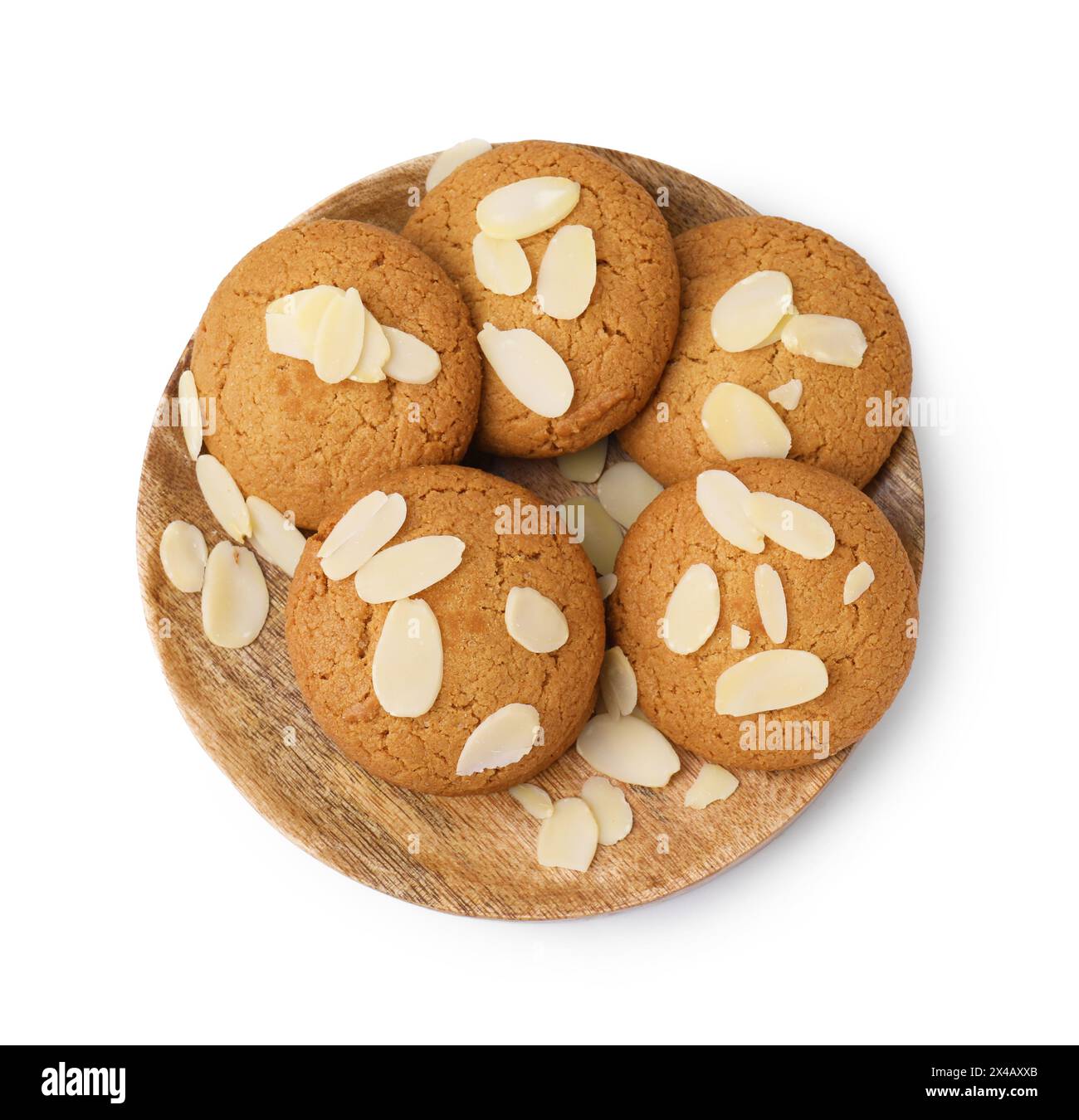 Cookies with fresh almond flakes isolated on white, top view Stock ...