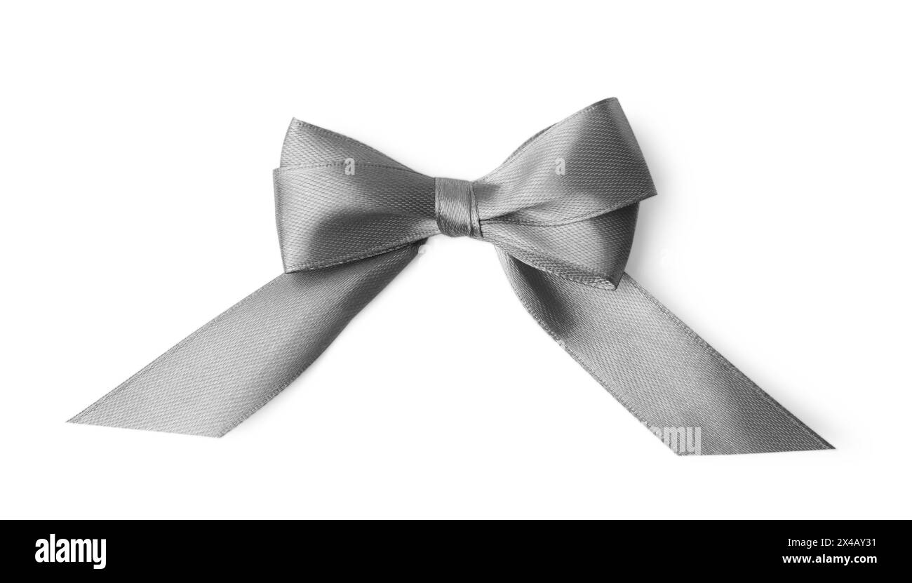 Grey satin ribbon bow on white background, top view Stock Photo - Alamy